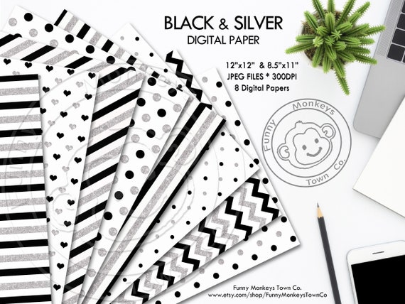 Black and SILVER Glitter digital paper pack for scrapbooking, Making ...