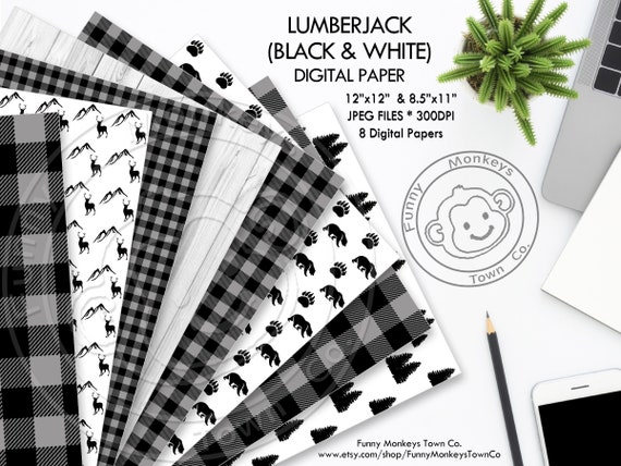 LUMBERJACK Digital Paper Black Buffalo Plaid Rustic Bear | Etsy