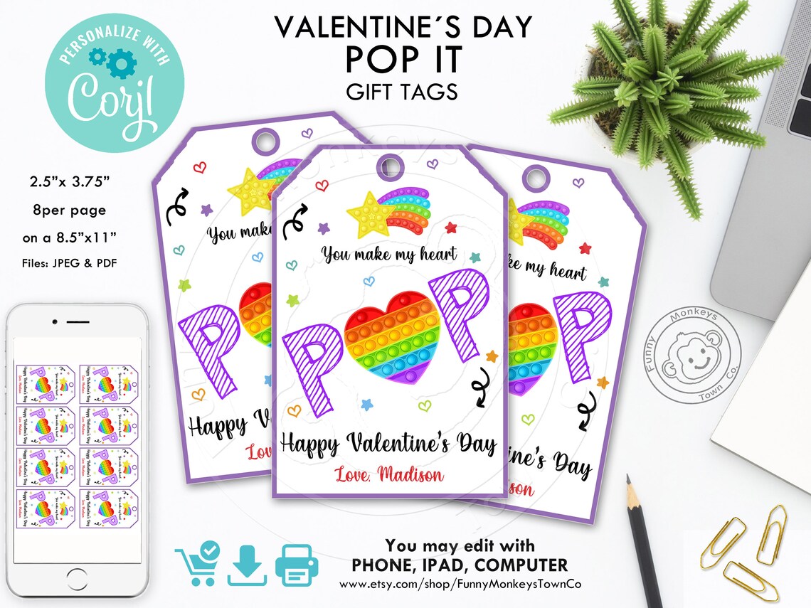 Editable Valentine's Day Pop It Gift Tag, You Make My Heart Pop ...