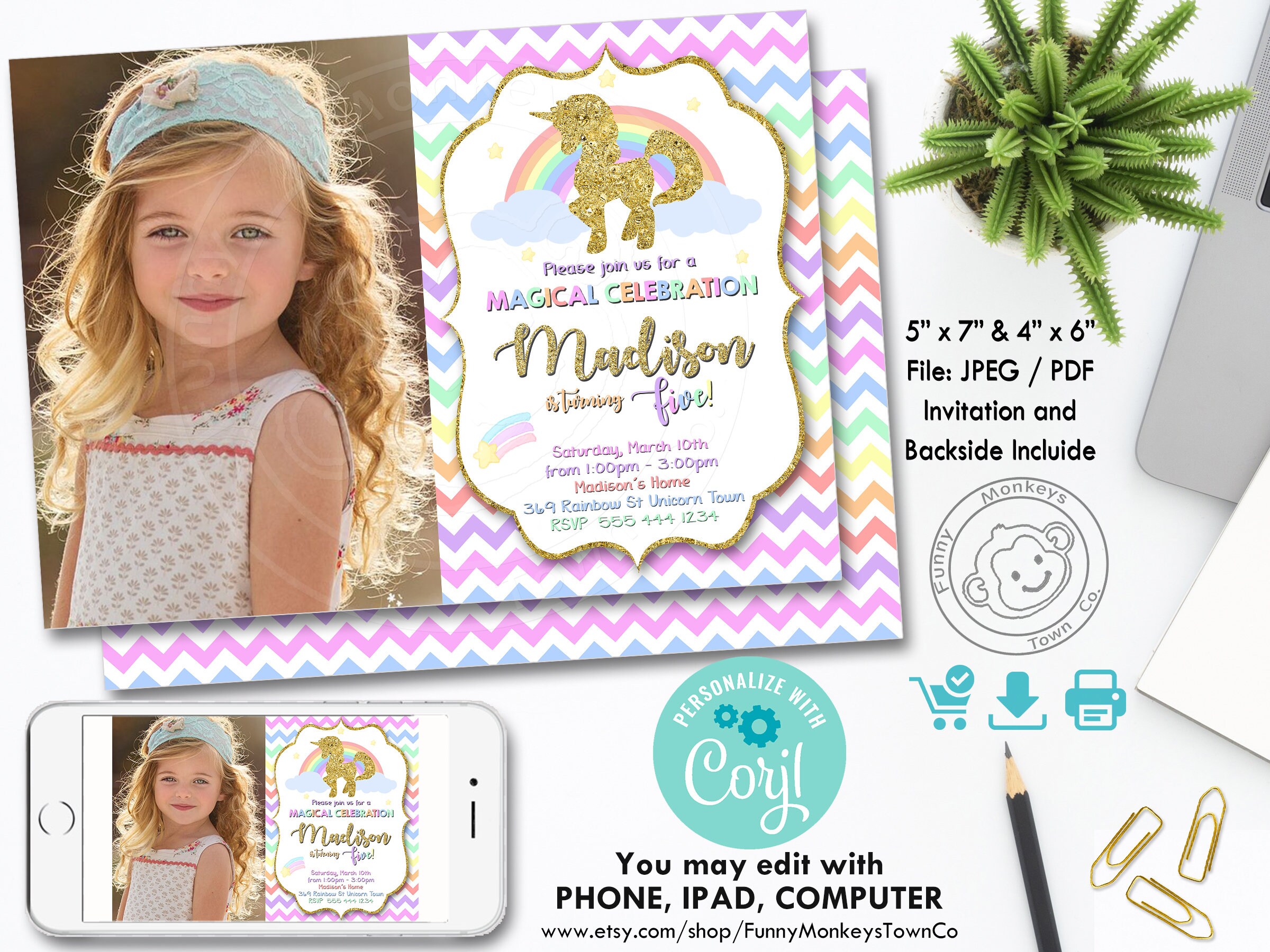Editable Unicorn Invitation Gold Glitter Unicorn Rainbow - Etsy