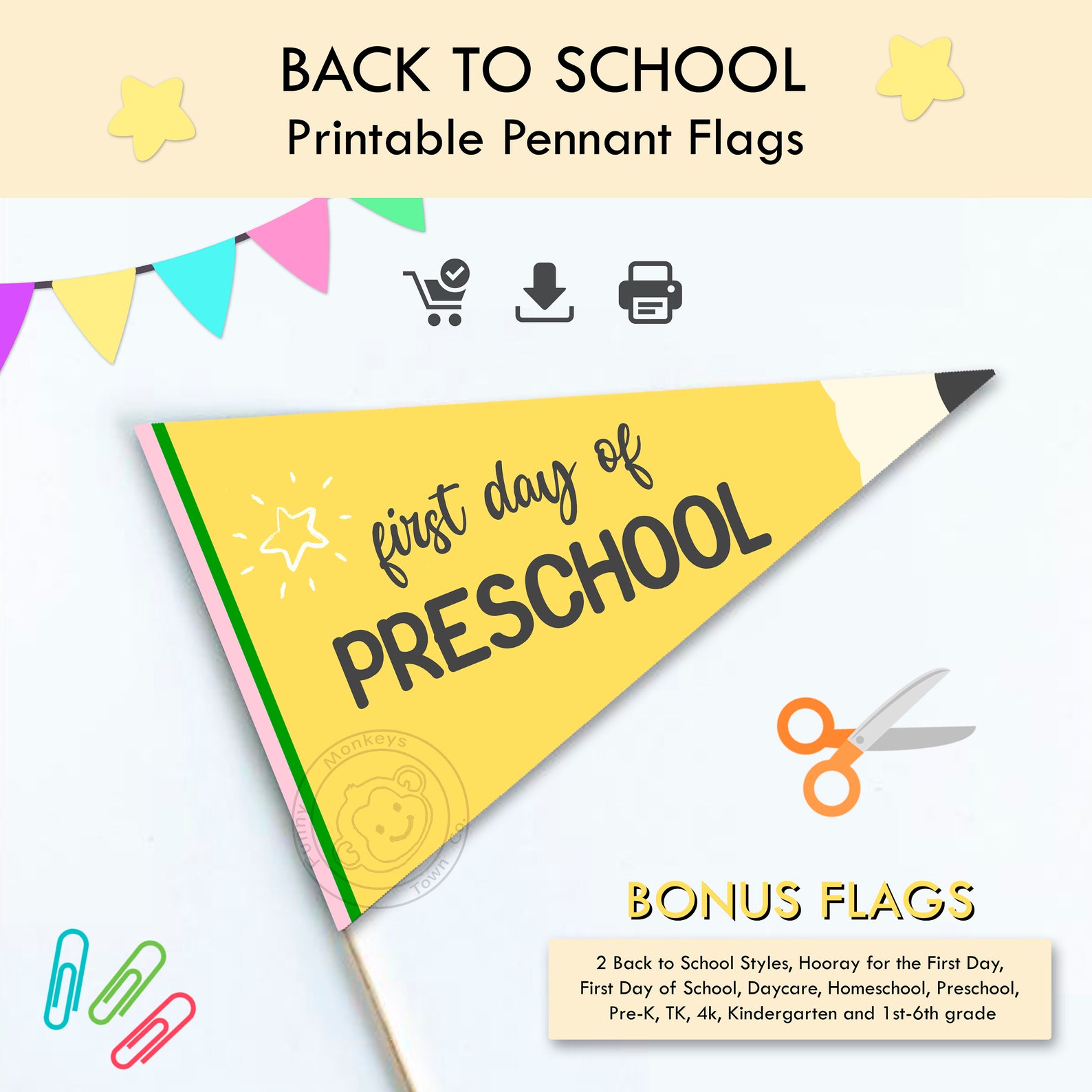 First Day of School Flags, First Day of School Printable Pennant Flags ...