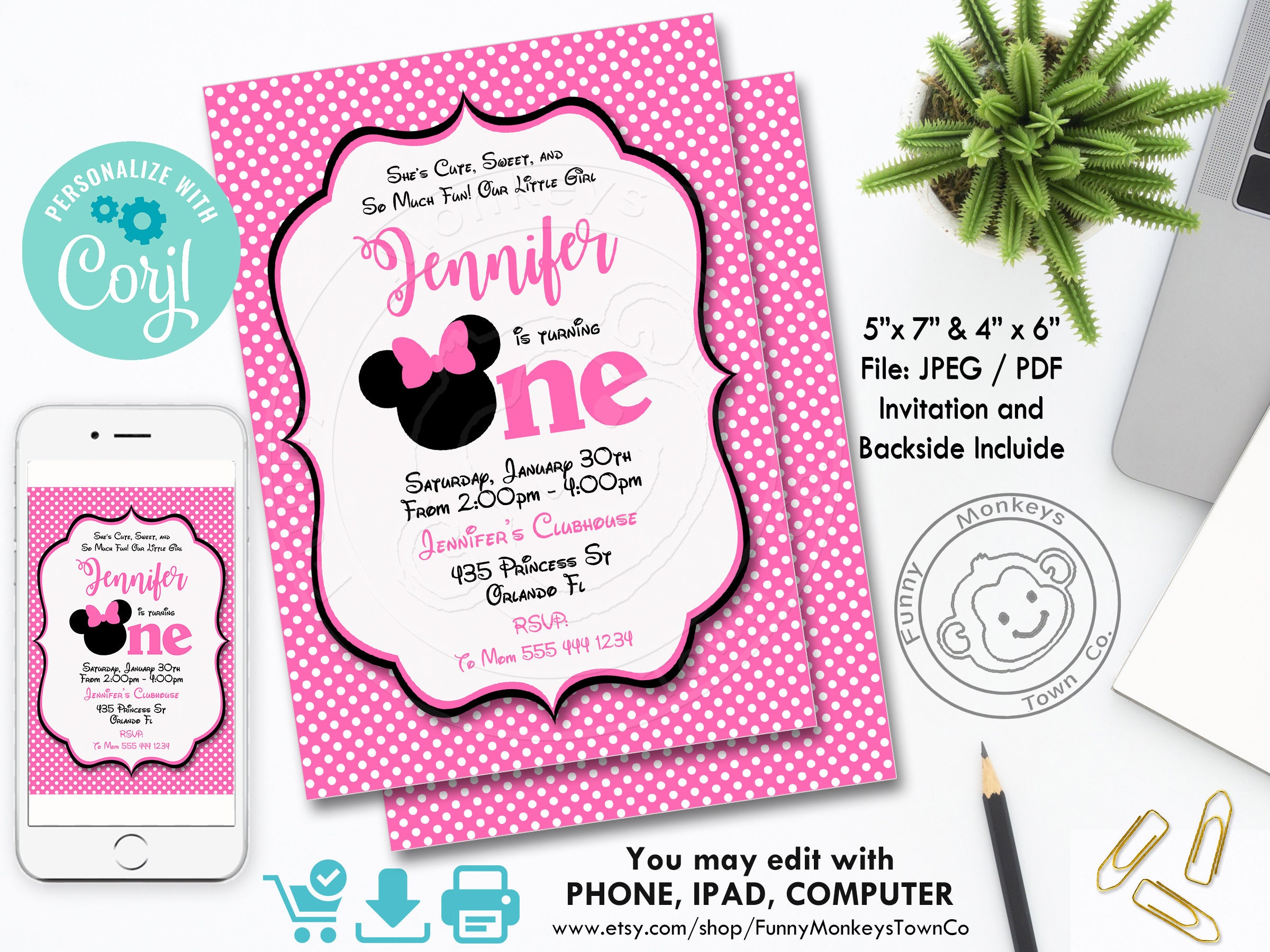 Editable Pink MINNIE Mouse Invitation, Minnie Mouse 1st Birthday ...