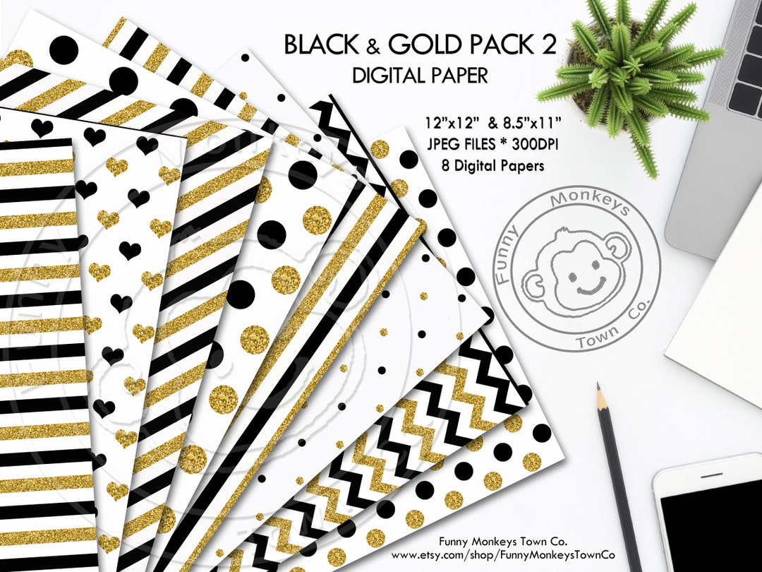 Black and GOLD Glitter Digital Paper Pack for Scrapbooking, Making ...