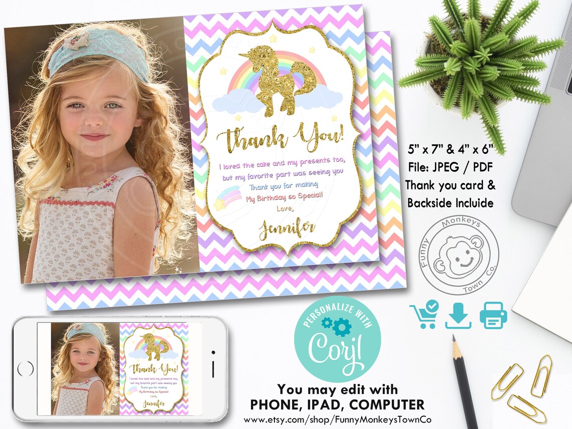 Editable UNICORN Rainbow Thank You Card, Rainbow, Note Card, Photo ...