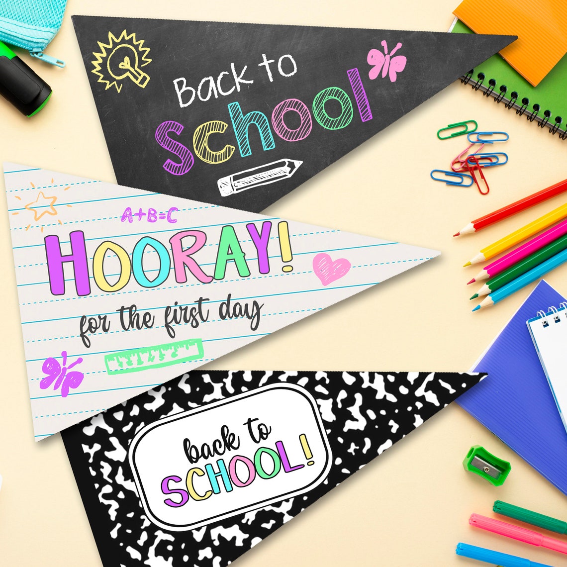First Day of School Flags, First Day of School Printable Pennant Flags ...