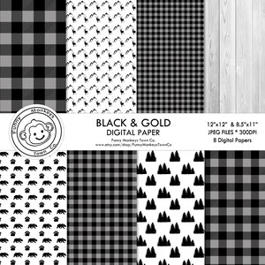LUMBERJACK Digital Paper, Black Buffalo Plaid, Rustic, Bear, Deer ...