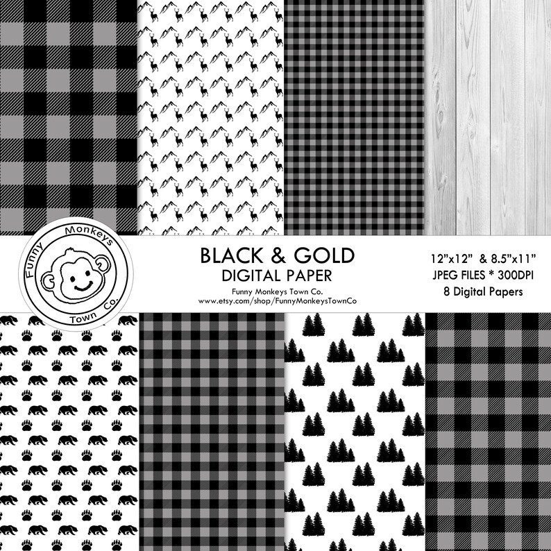 LUMBERJACK Digital Paper, Black Buffalo Plaid, Rustic, Bear, Deer ...