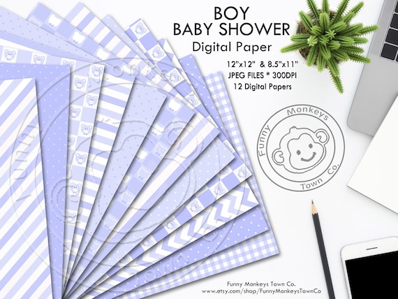 Boy Baby SHOWER digital paper pack for scrapbooking, Blue, Teddy Bear ...