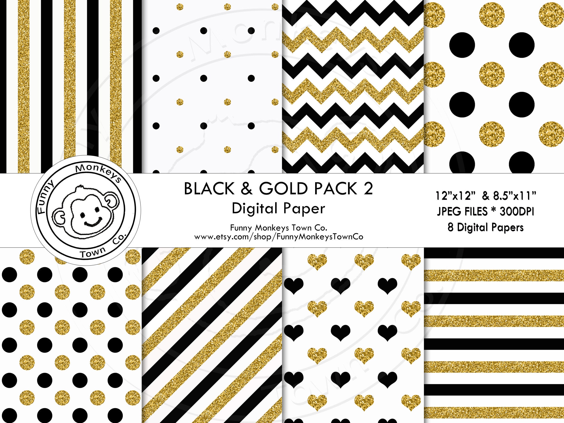 Black and GOLD Glitter Digital Paper Pack for Scrapbooking, Making ...