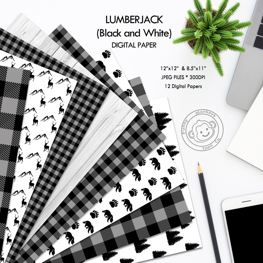 LUMBERJACK Digital Paper, Black Buffalo Plaid, Rustic, Bear, Deer ...