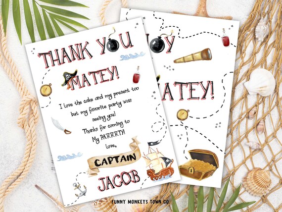 Editable PIRATE Thank you card, Pirate Birthday Party, Pirate, Note ...