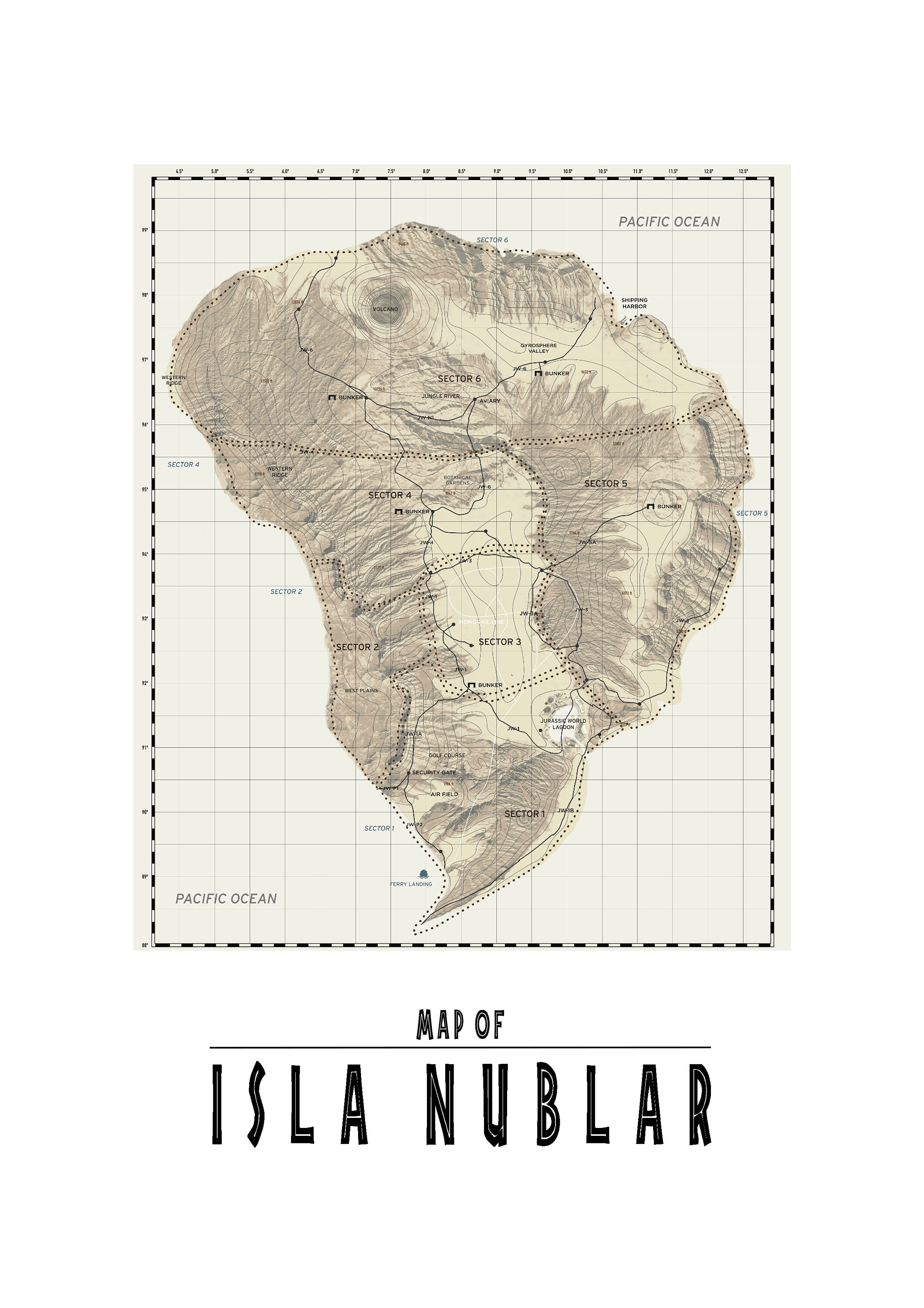 Jurassic Park - Isla Nublar Movie Map - Topographical Film - Wall Decor ...