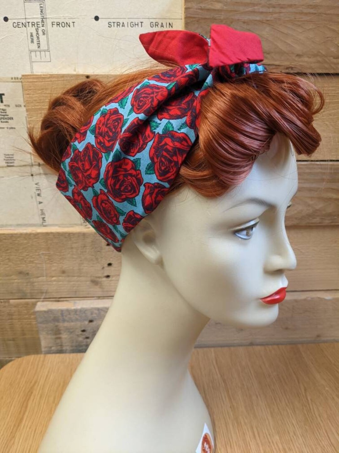 Red Roses on Aqua Green Headscarf, Head Wrap, Bandana, Vintage Style ...