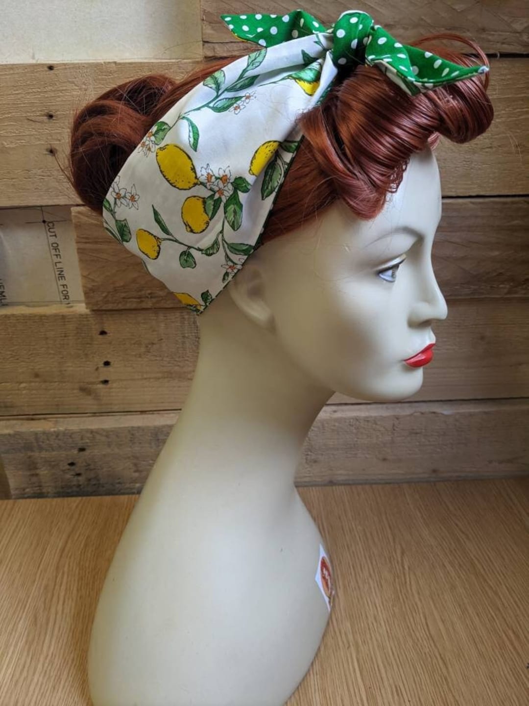 Lemon Print Headscarf, Reversible Self Tie Headband, 1940's Rosie Pin ...