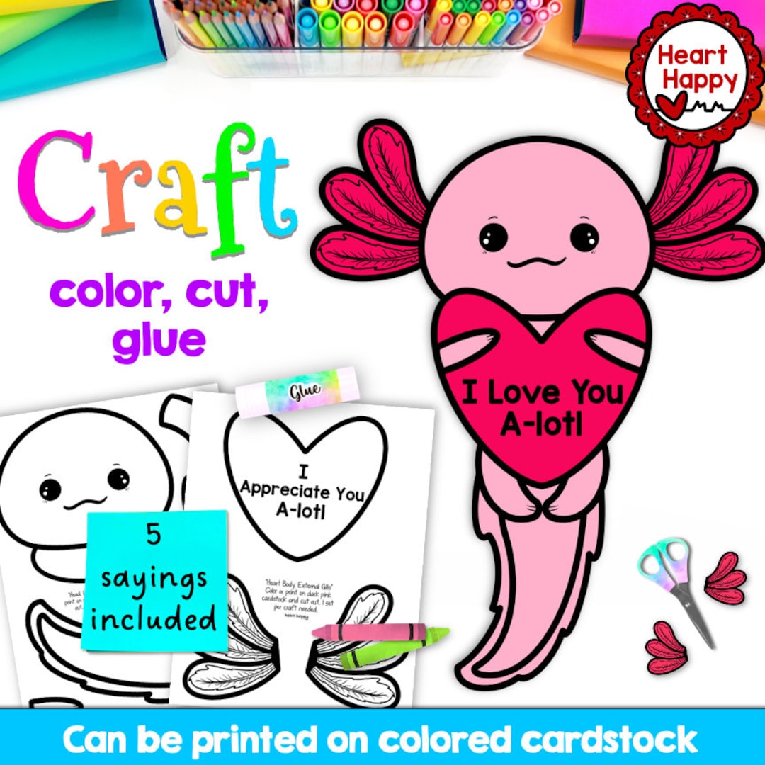 Axolotl Valentine Kids Printable Craft Template, Mother's Day Craft ...