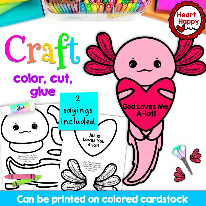 Axolotl Valentine, Religious Craft, Kids Printable Craft Template, VBS ...