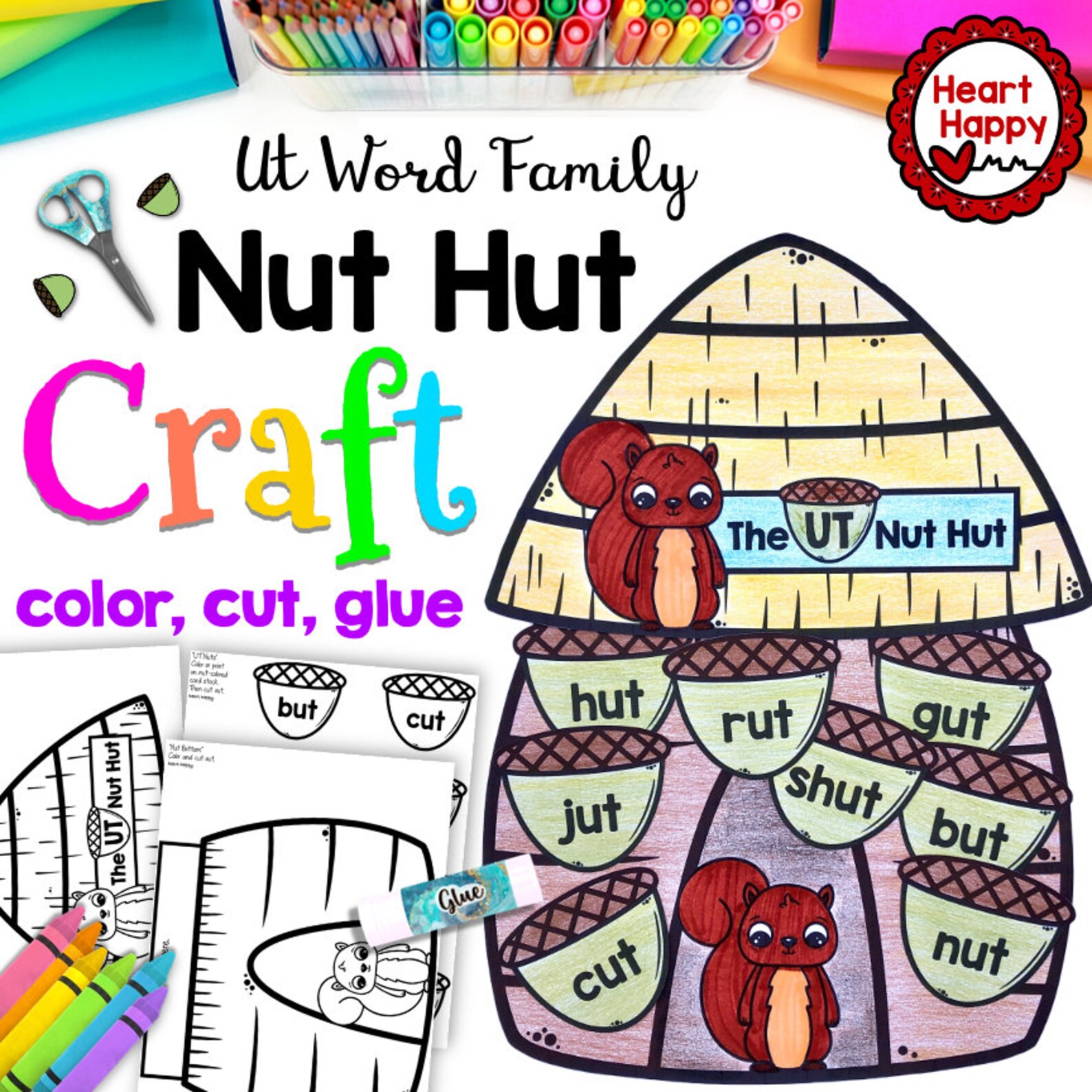 UT Nut Hut, Short U Craft, UT Word Family Craft,printable Kids Craft ...