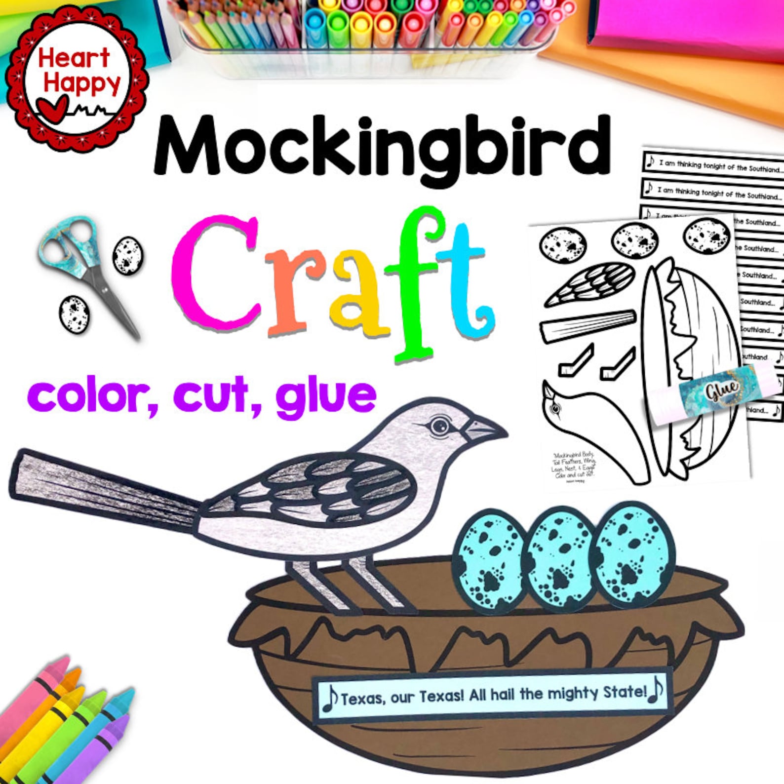Mockingbird Craft, Kids Printable Craft Template, Texas State Symbols ...