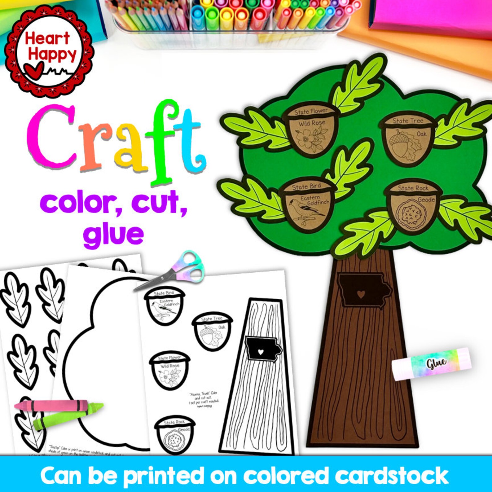 Iowa State Symbols, Oak Tree, Kids Printable Craft Template, Homeschool ...