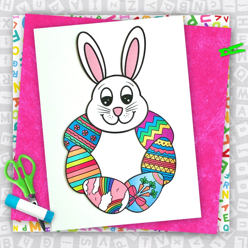 Easter Egg and Bunny Wreath Kids Printable Craft Template, Kids Easter ...