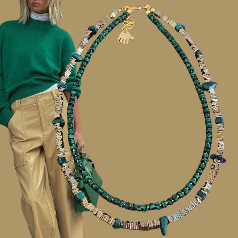 Collar Brotella de dos hilos de machite y hematita dorada: joyería ...