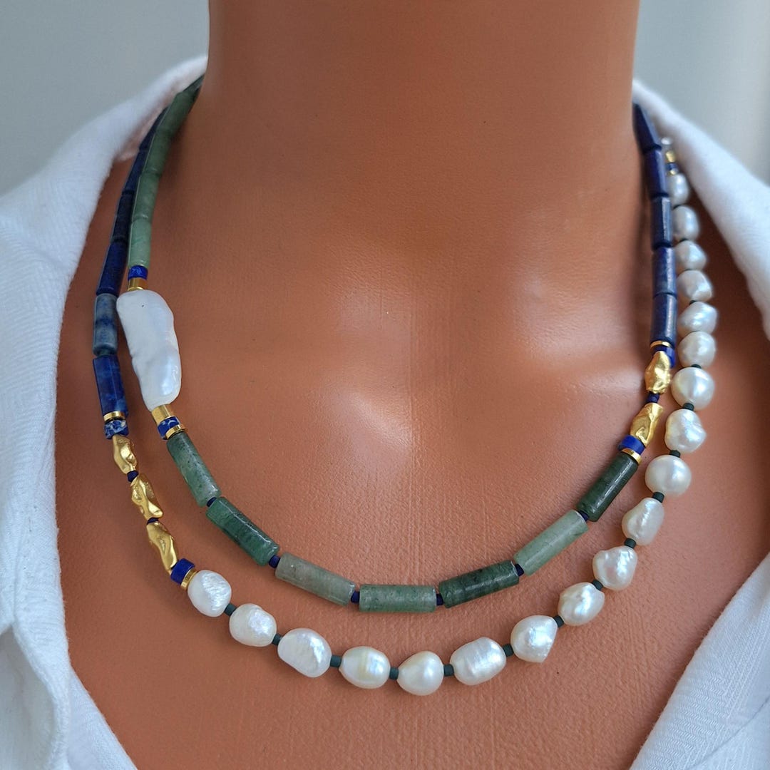 Long Aventurine & Lapis Necklace, Gemstone Beaded Jewelry, Gift for Her ...