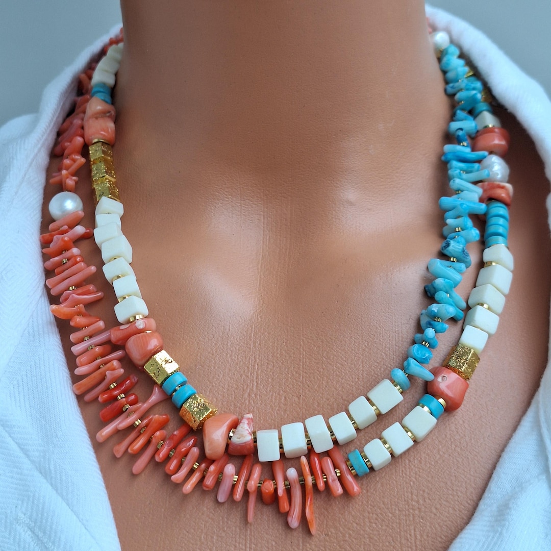 Coral & Bone Beads Necklace With Turquoise Beads, Long Boho Jewelry ...