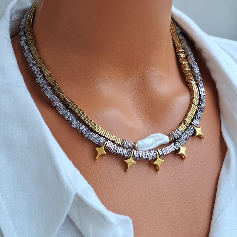 Double Strand Hematite Necklace, Gold Silver Statement Jewelry, Gift ...