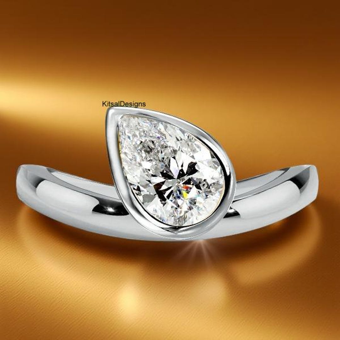 Tilted Style Solitaire Diamond Ring, Bezel Set 1.5 CT Pear Cut ...