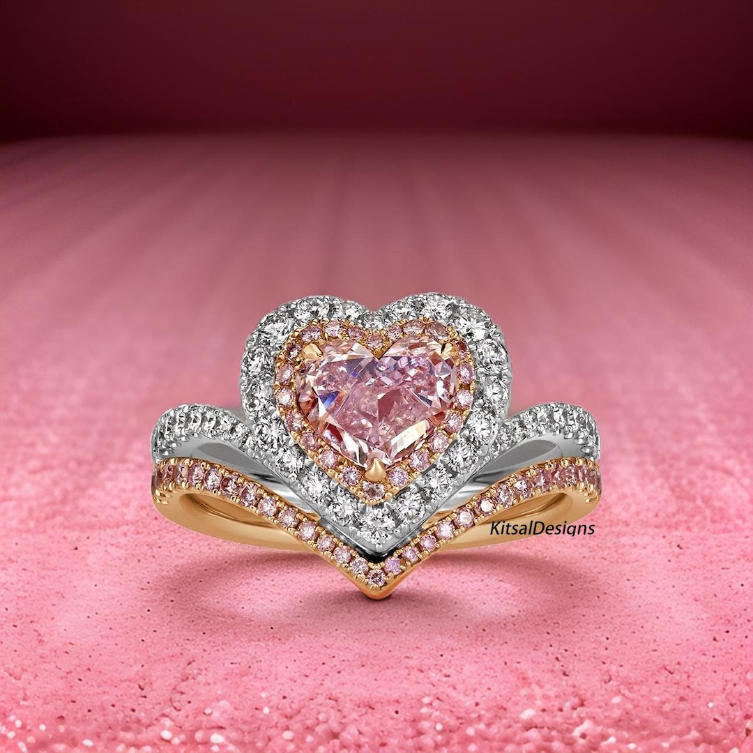 8MM Heart Cut Pink Ice Crushed Diamond Engagement Ring Bridal Ring Set ...