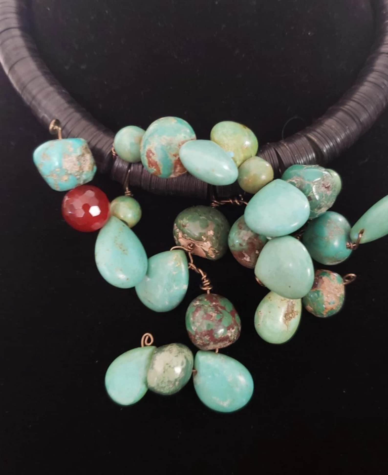 Sharon Rosenthal Designer Statement Beaded Necklace Teal Green Stone ...