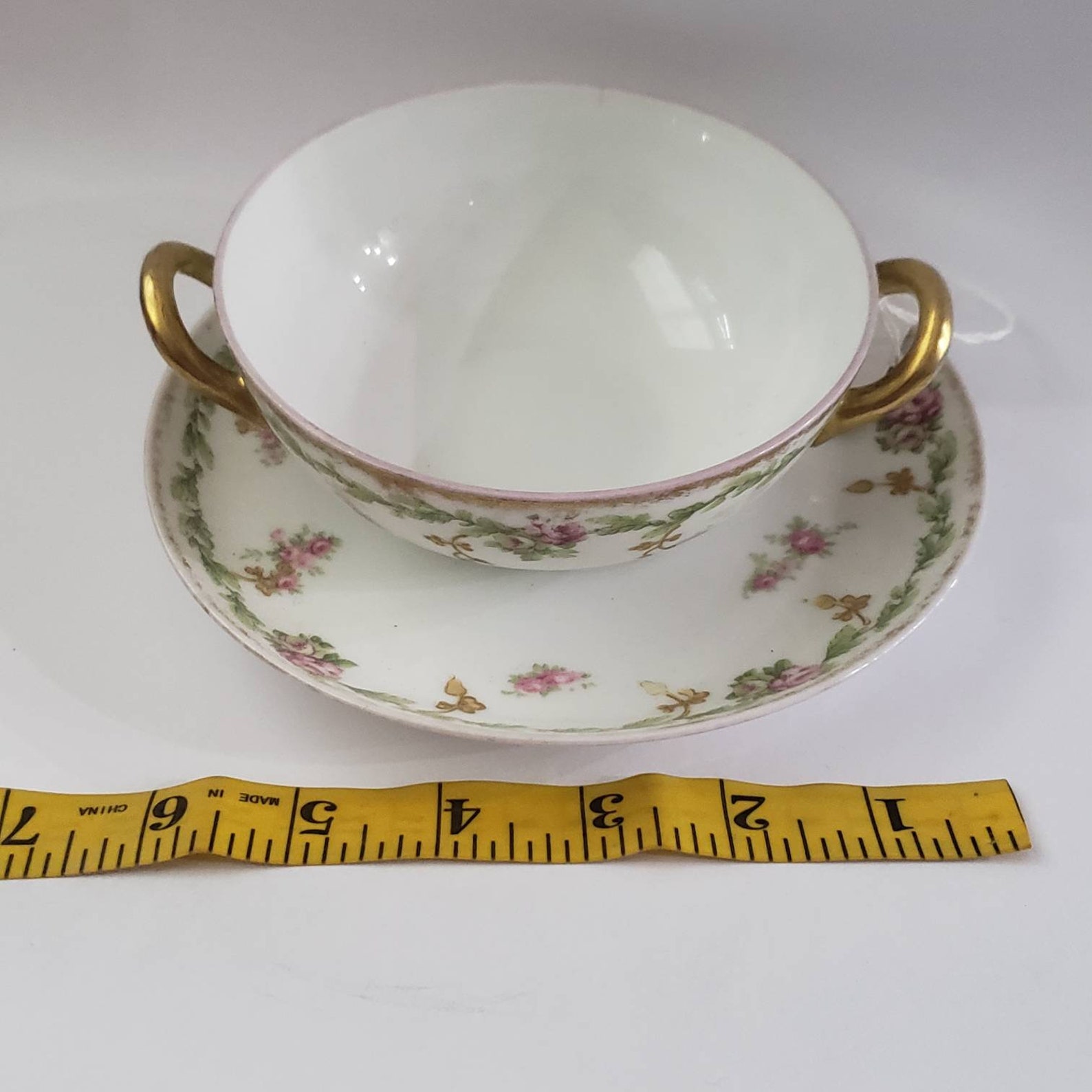 Limoges Cup and Saucer Double Handle Estate Retro Collectible Flower ...