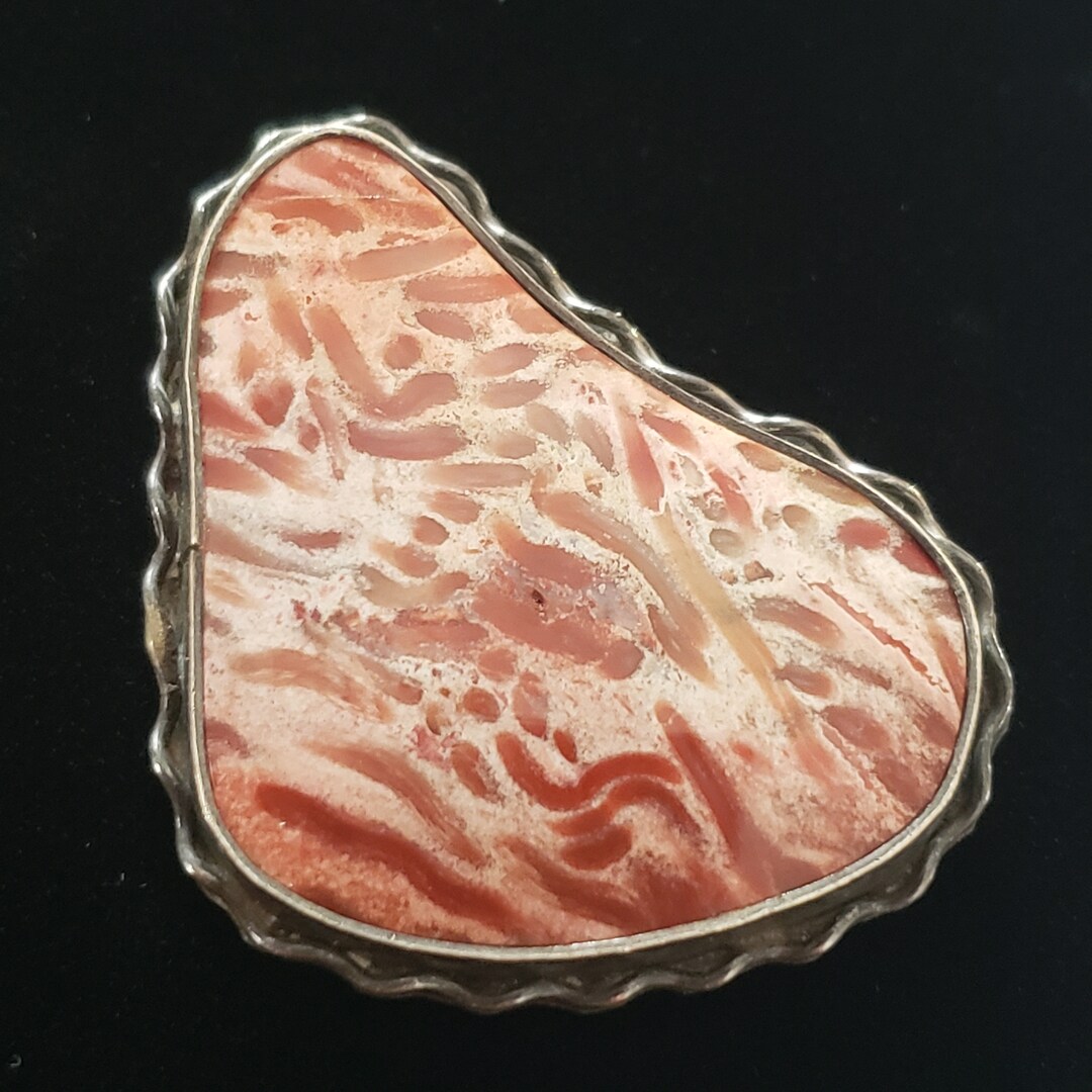 Brooch Sterling Silver Unique Stone Collectible Red Line Pattern ...
