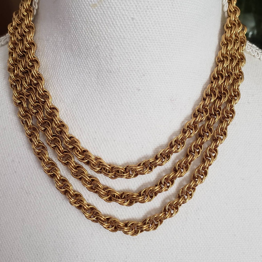 Monet Necklace Triple Chain Gold Tone Three Chain Retro Collectible ...