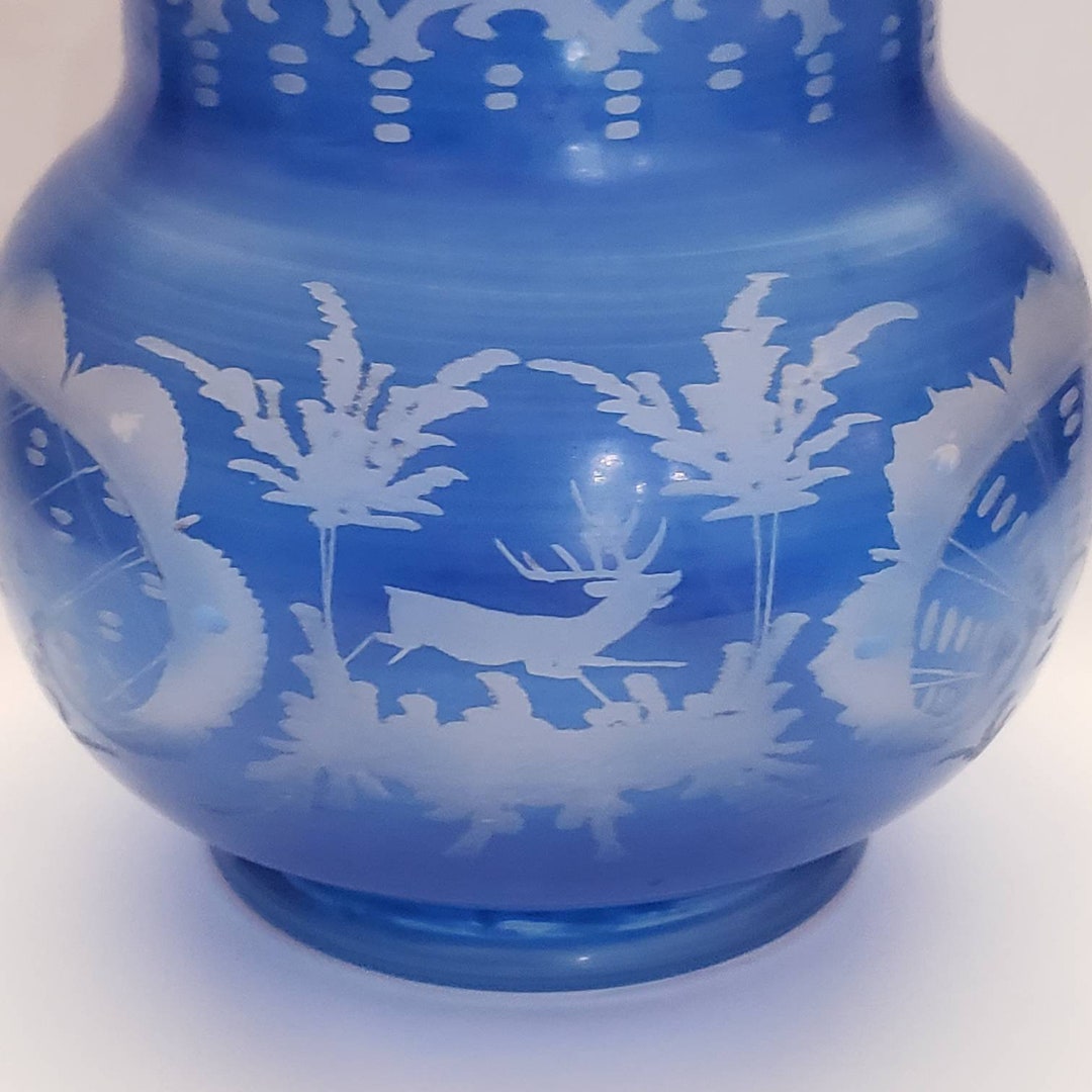 Vase Blue Etched Antique Collectible Art Glass Deer Rare Retro ...