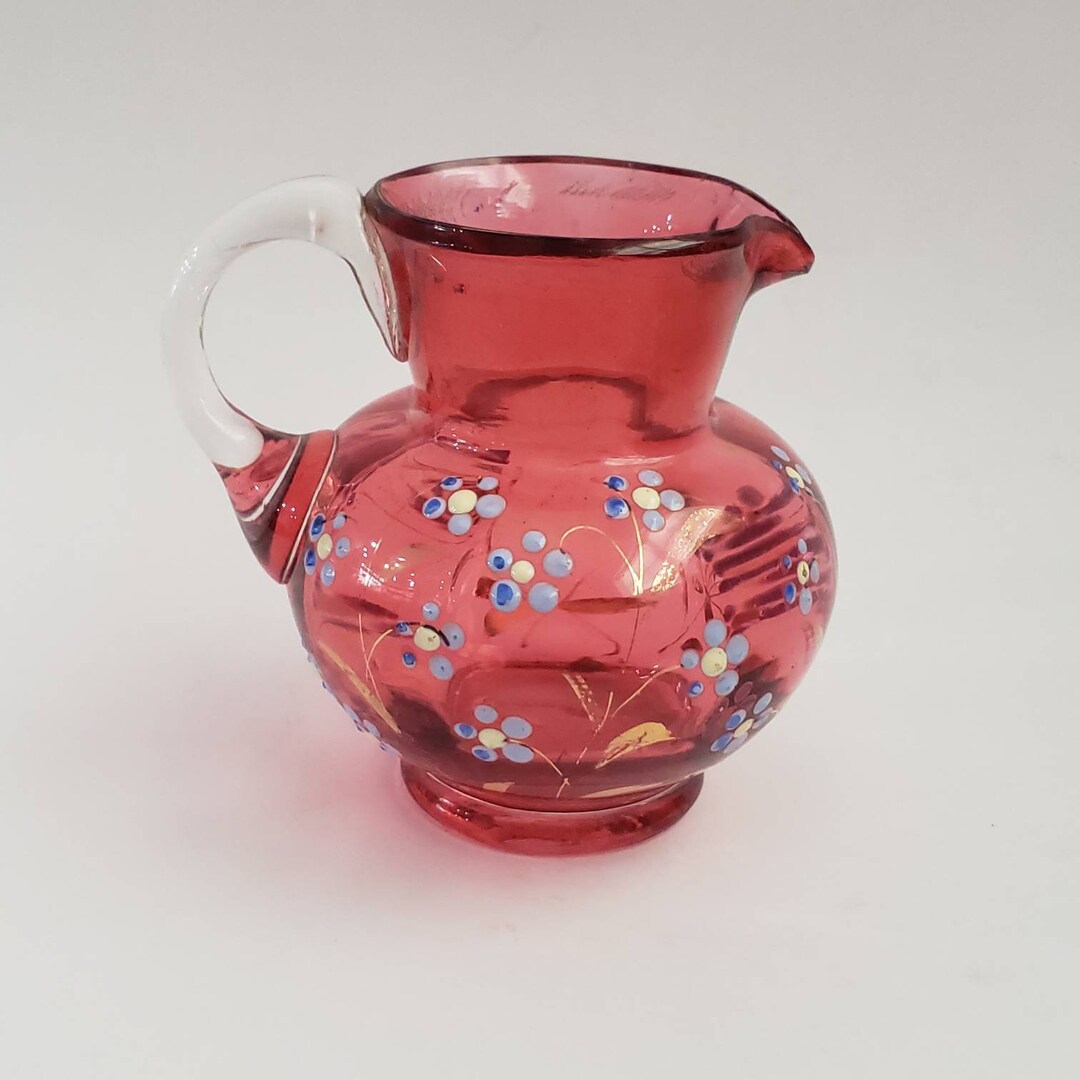 Vintage Pitcher Cranberry Art Glass With Flowers Painted Retro ...