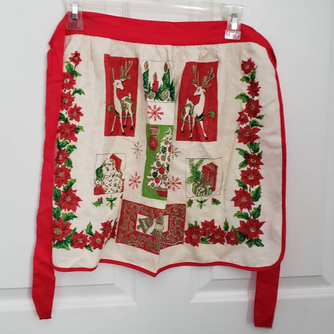 Vintage Apron Christmas Theme Santa Claus Reindeer Packages Christmas ...