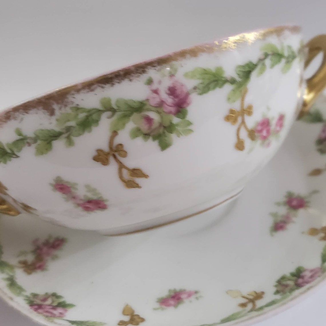 Vintage Double Handle Limoges Cup and Saucer Retro Collectible Flower ...