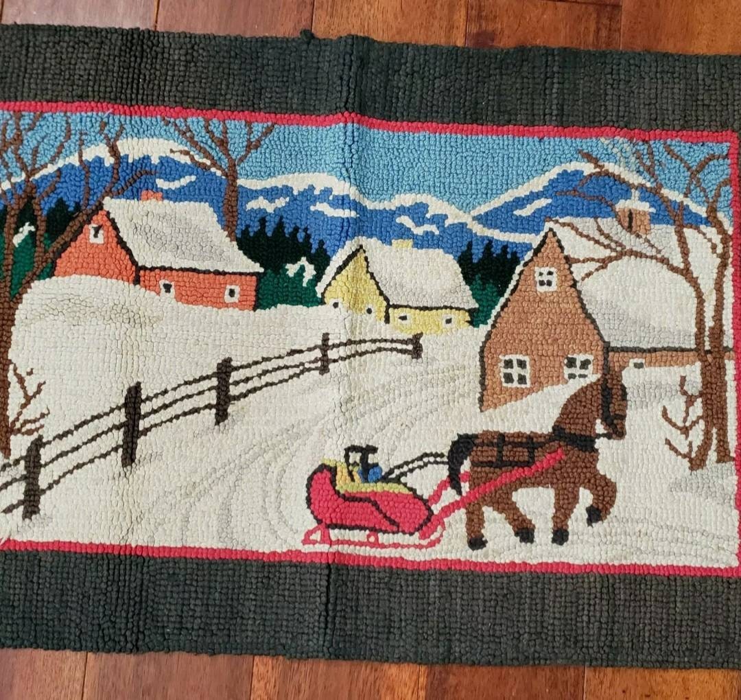 Rare Antique Hook Rug Christmas Theme Rare Retro Collectible Horse ...