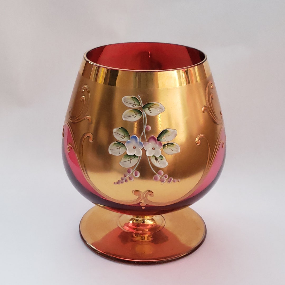 Brandy Glass Cranberry Art Glass Flower Pattern Ornate Bar Collectible ...