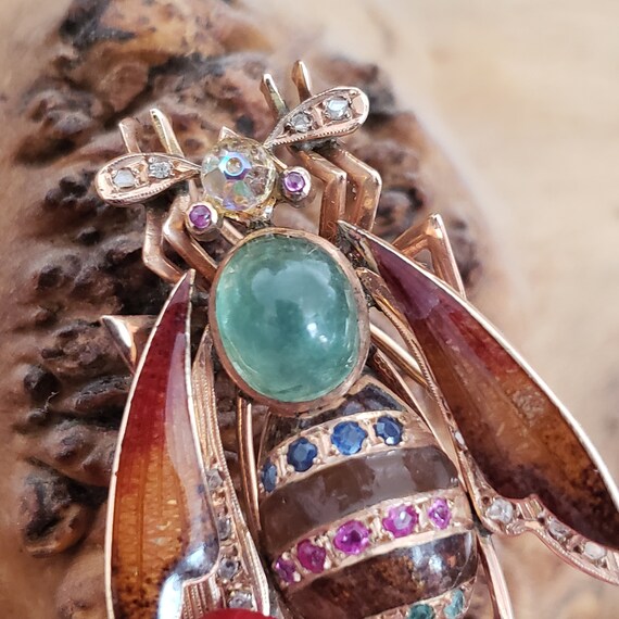 Rare Estate Bug Brooch Enamel Gem Stones Jeweler Test… - Gem