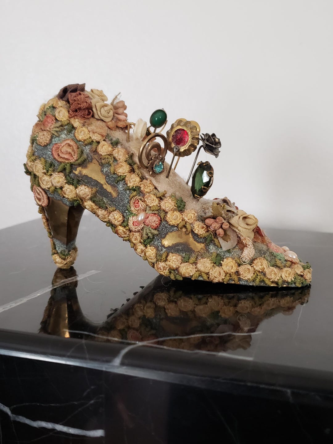 Pin Cushion With Stick Pins Vintage Shoe Floral Pattern Rare Estate ...