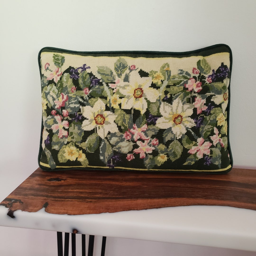 Vintage Pillow Needlepoint Flower Pattern Retro Collectible - Etsy