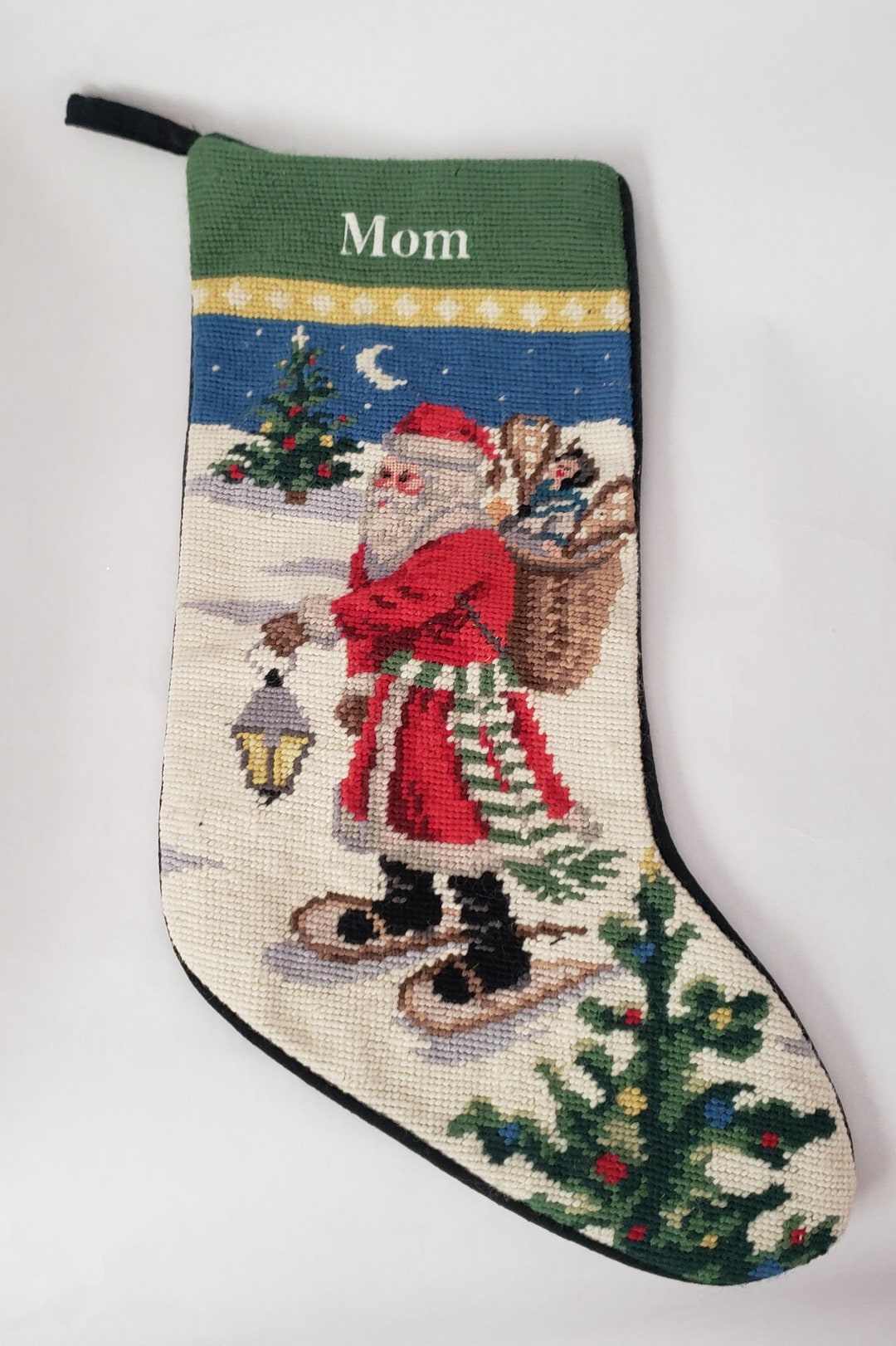 Christmas Stocking Mom Santa Clause Snow Skies Needlepoint Retro ...