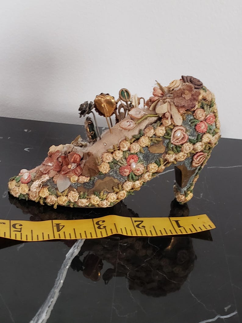 Pin Cushion With Stick Pins Vintage Shoe Floral Pattern Rare Estate ...
