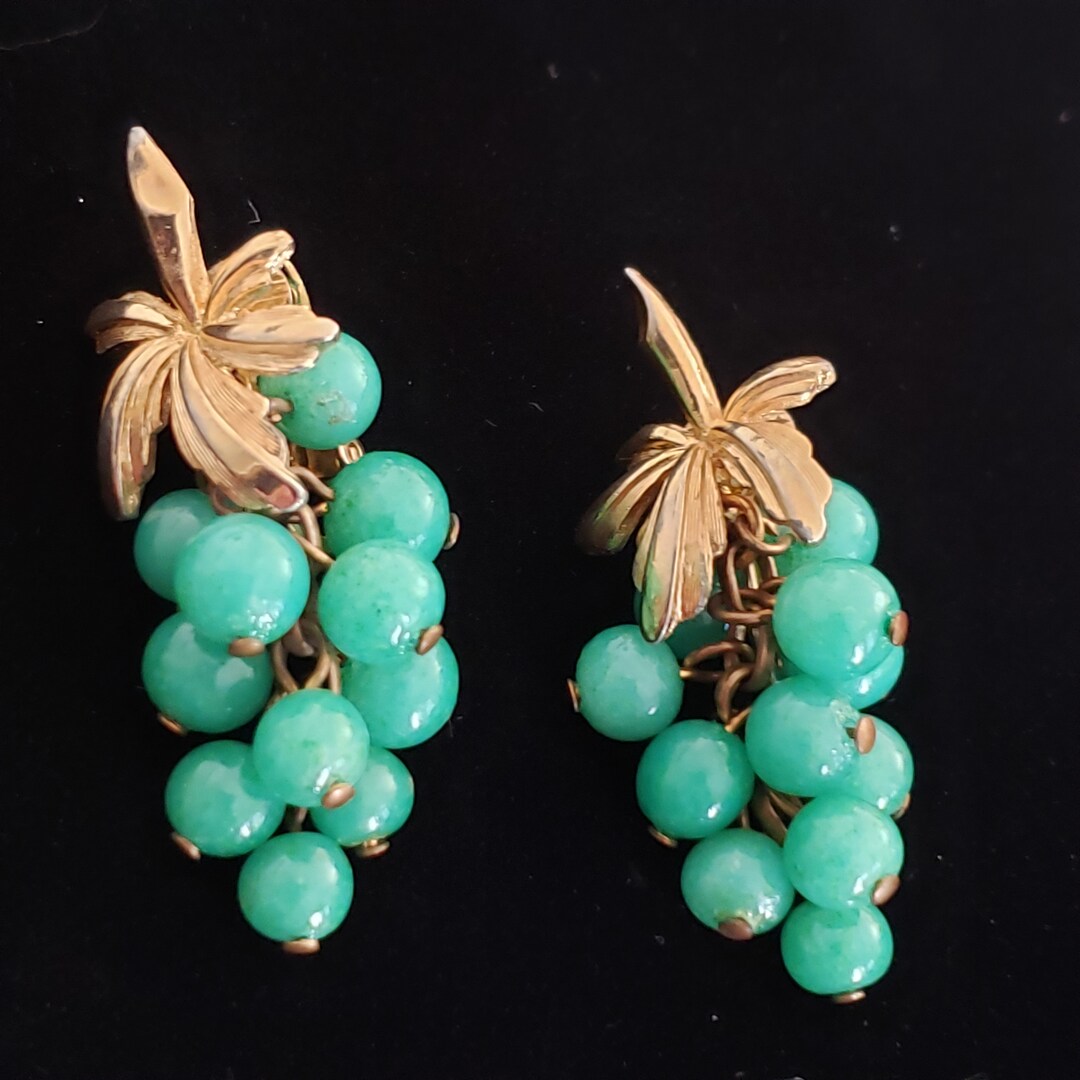 Boucher Vintage Earrings Designer Dangle Rare Clip on Collectible Costume Jewelry Green Gold ...