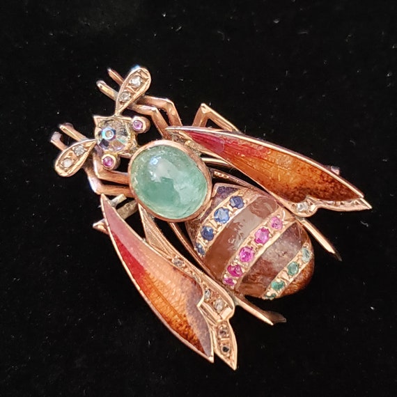 Rare Estate Bug Brooch Enamel Gem Stones Jeweler Test… - Gem