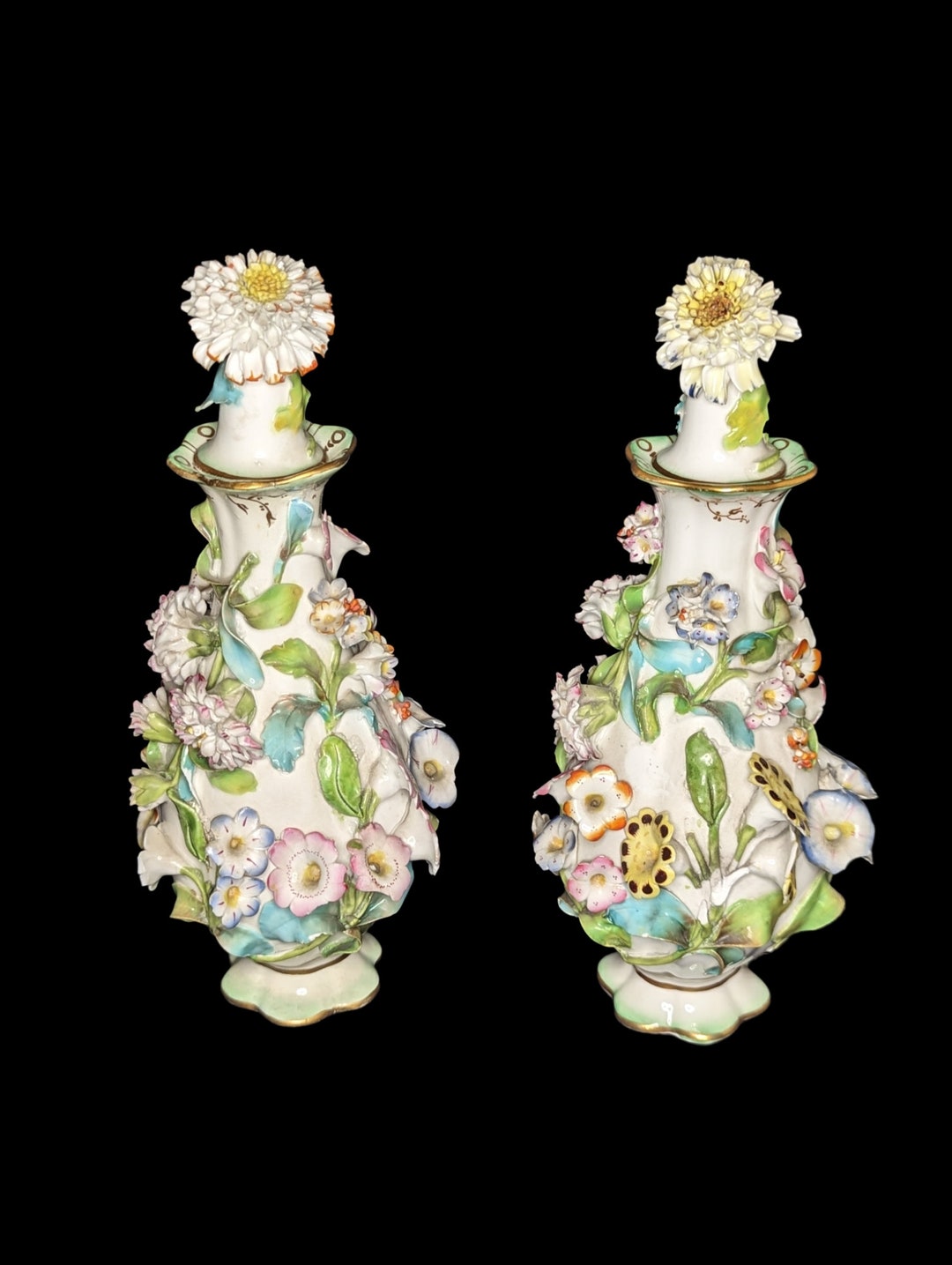 Antique Chelsea Porcelain Floral Encrusted Perfume Bottles - Etsy