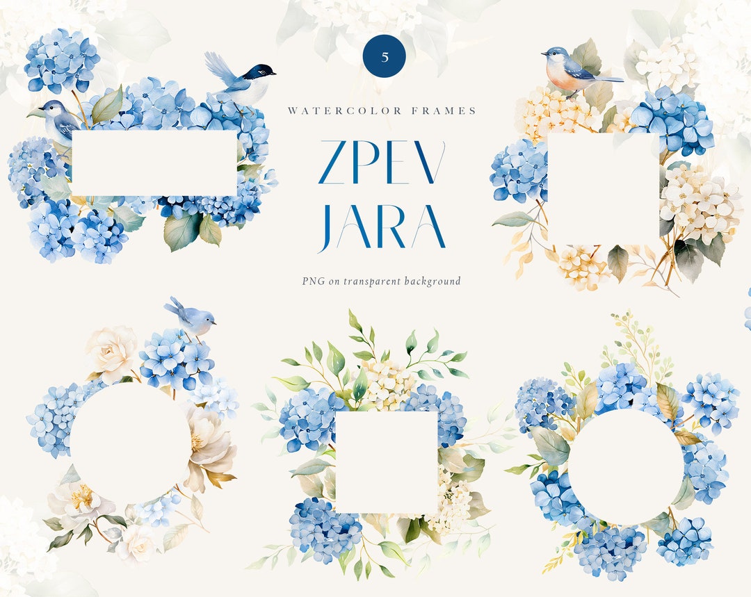 Watercolor Blue and White Hydrangea With Birds Frame, Navy Hydrangea Frames Png, Wedding ...