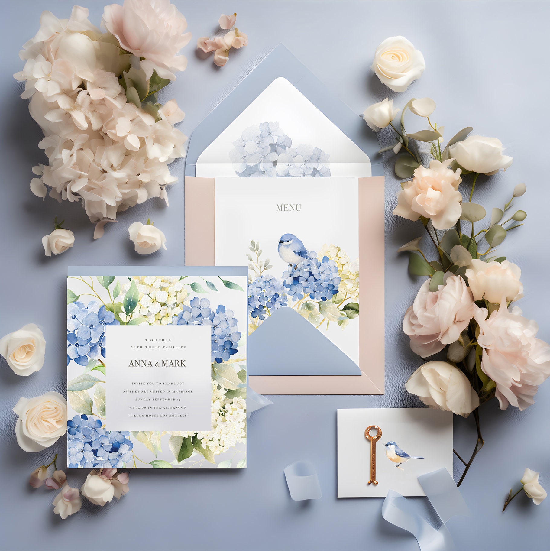 Watercolor Blue and White Hydrangea With Birds Frame, Navy Hydrangea Frames Png, Wedding ...